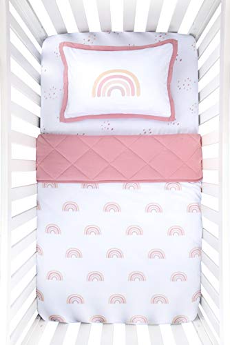 Ely's & Co. Baby Crib Bedding Sets for Girls — 4 Piece Set Includes Crib Sheet, Quilted Blanket, Crib Skirt, and Baby Pillowcase — Pink Rainbow Design