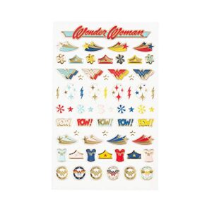 wonder woman x erin condren designer sticker sheet - classic wonder woman epoxy high gloss stickers - 64 stickers on gold foil sheet for customizing planners, notebooks, and more