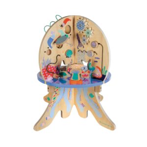 manhattan toy deep sea adventure wooden toddler activity center with clacking clams, spinning gears, gliders and bead runs