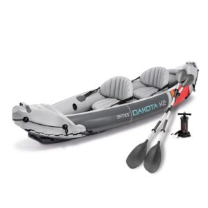 intex dakota k2 2 person inflatable vinyl kayak and accessory kit with 86 inch oars, air pump, and carry bag for lakes and rivers, gray and red