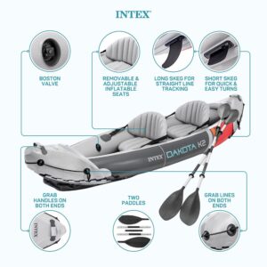 Intex Dakota K2 2 Person Inflatable Vinyl Kayak and Accessory Kit with 86 Inch Oars, Air Pump, and Carry Bag for Lakes and Rivers, Gray and Red