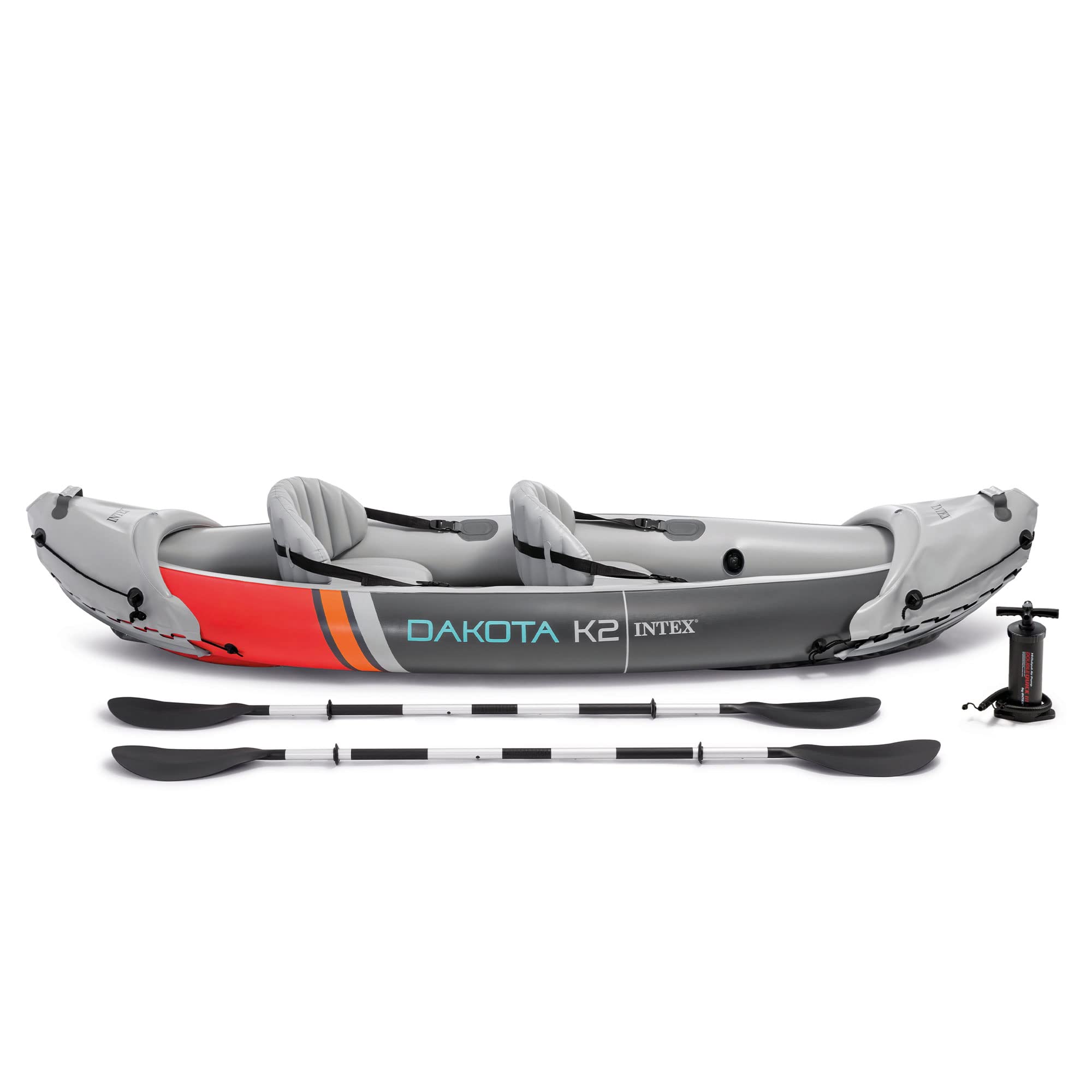 Intex Dakota K2 2 Person Inflatable Vinyl Kayak and Accessory Kit with 86 Inch Oars, Air Pump, and Carry Bag for Lakes and Rivers, Gray and Red