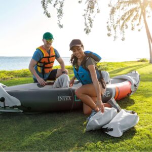 Intex Dakota K2 2 Person Inflatable Vinyl Kayak and Accessory Kit with 86 Inch Oars, Air Pump, and Carry Bag for Lakes and Rivers, Gray and Red