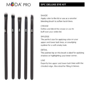 MODA Pro 5pc Deluxe Eye Makeup Brush Kit, Includes - Shader, Crease, Detail, Smudger, and Liner Brushes (Black)