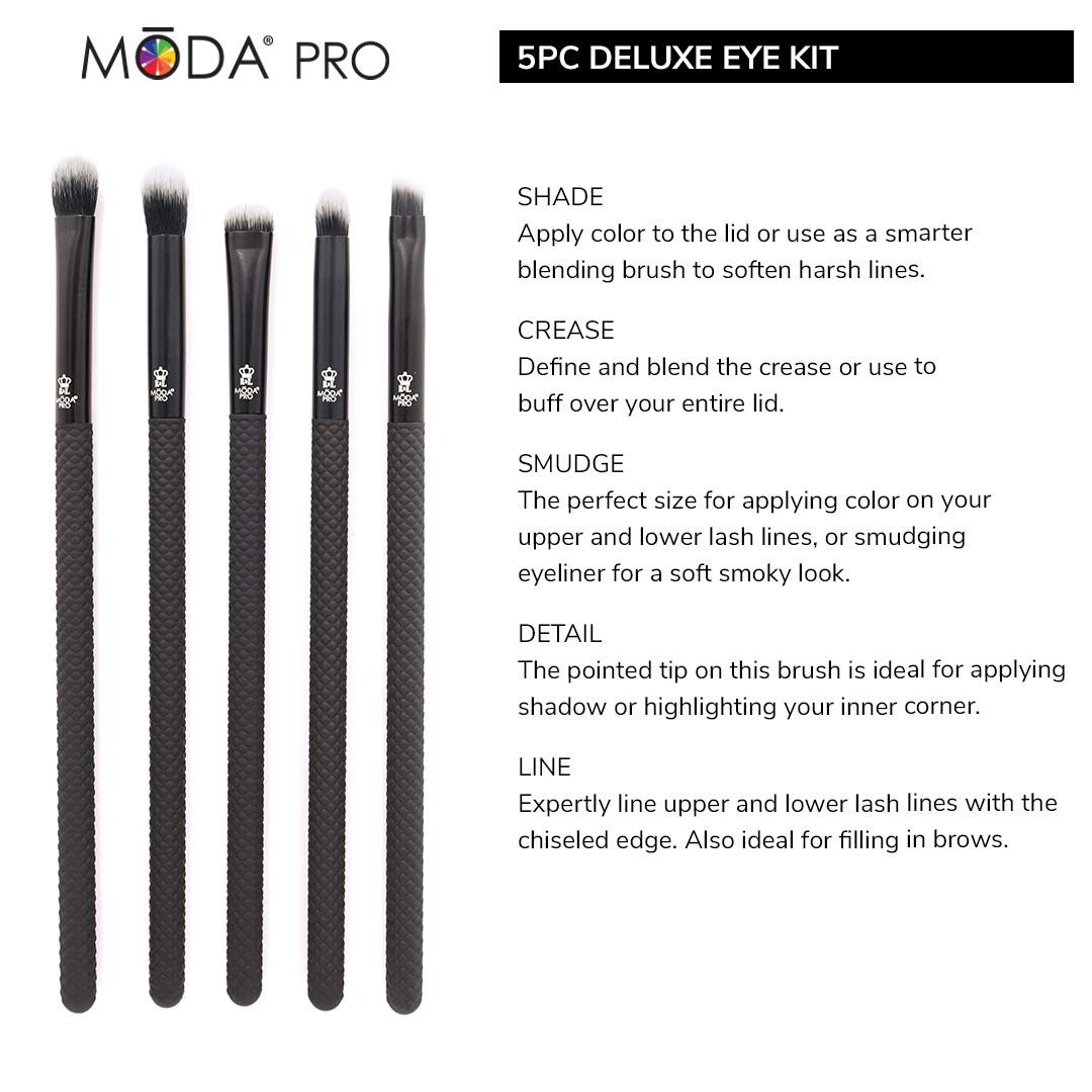 MODA Pro 5pc Deluxe Eye Makeup Brush Kit, Includes - Shader, Crease, Detail, Smudger, and Liner Brushes (Black)