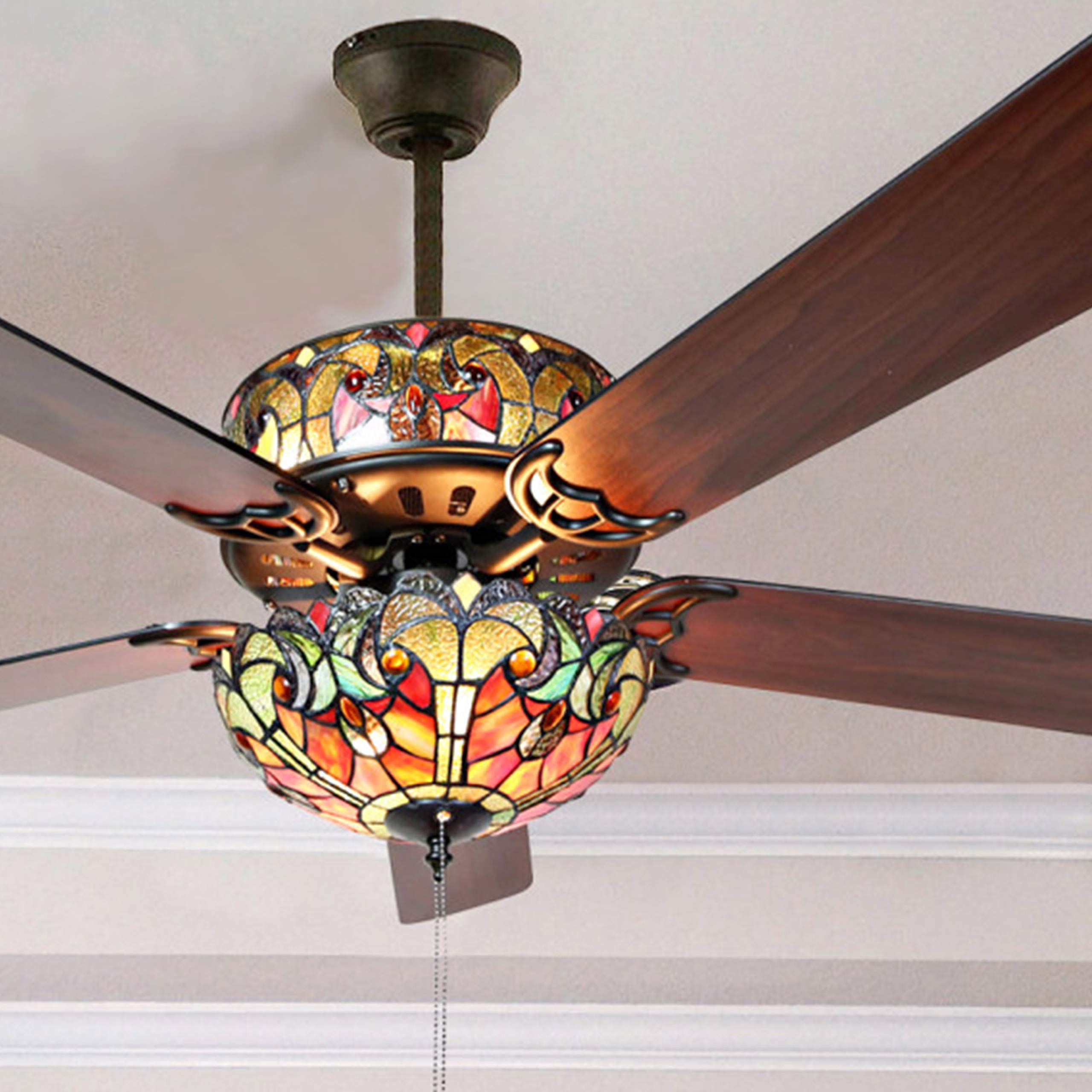 RIVER OF GOODS 52 Inch LED Stained Glass Ceiling Fan - Double-Lit Ceiling Fans with Lights - Unique Lighting & Ceiling Fans - Charming Antique Ceiling Fan Light Fixture - Halston - Spice