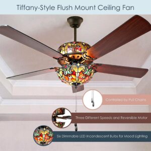 RIVER OF GOODS 52 Inch LED Stained Glass Ceiling Fan - Double-Lit Ceiling Fans with Lights - Unique Lighting & Ceiling Fans - Charming Antique Ceiling Fan Light Fixture - Halston - Spice