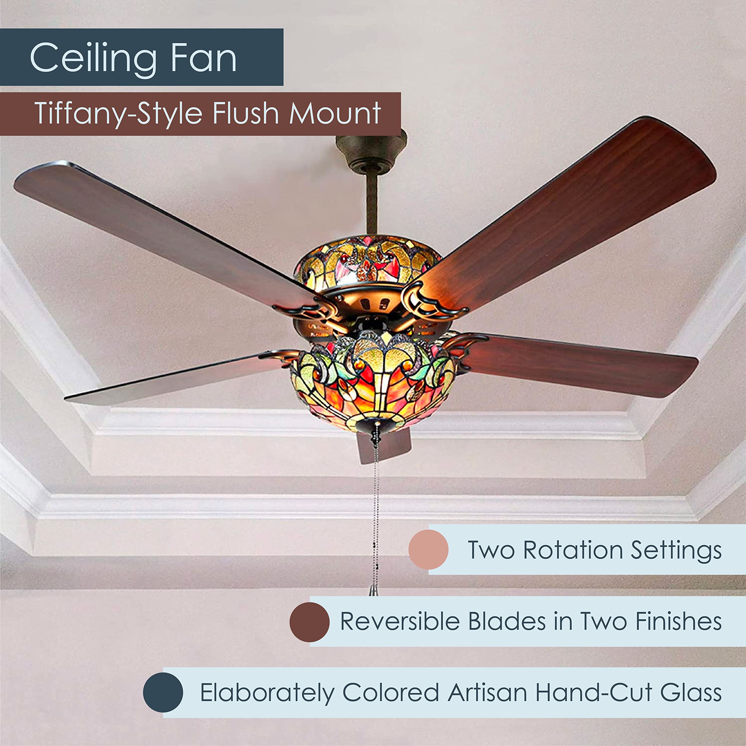 RIVER OF GOODS 52 Inch LED Stained Glass Ceiling Fan - Double-Lit Ceiling Fans with Lights - Unique Lighting & Ceiling Fans - Charming Antique Ceiling Fan Light Fixture - Halston - Spice