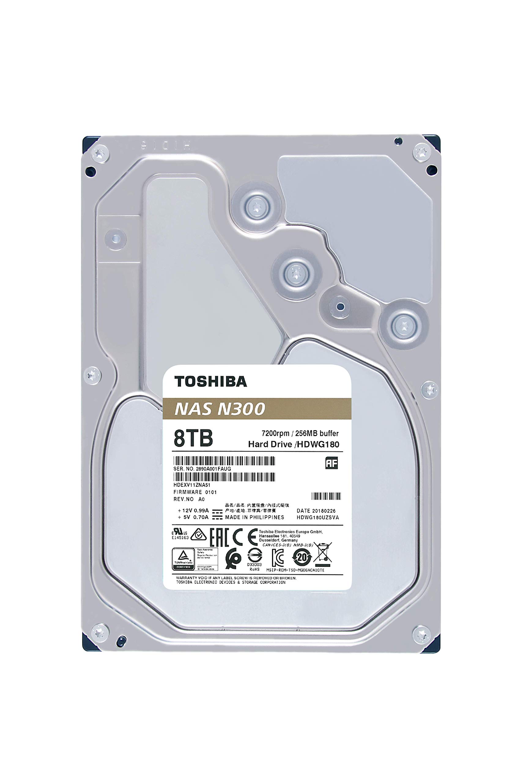 Toshiba N300 8TB NAS 3.5-Inch Internal Hard Drive - CMR SATA 6 GB/s 7200 RPM 256 MB Cache - HDWG180XZSTA