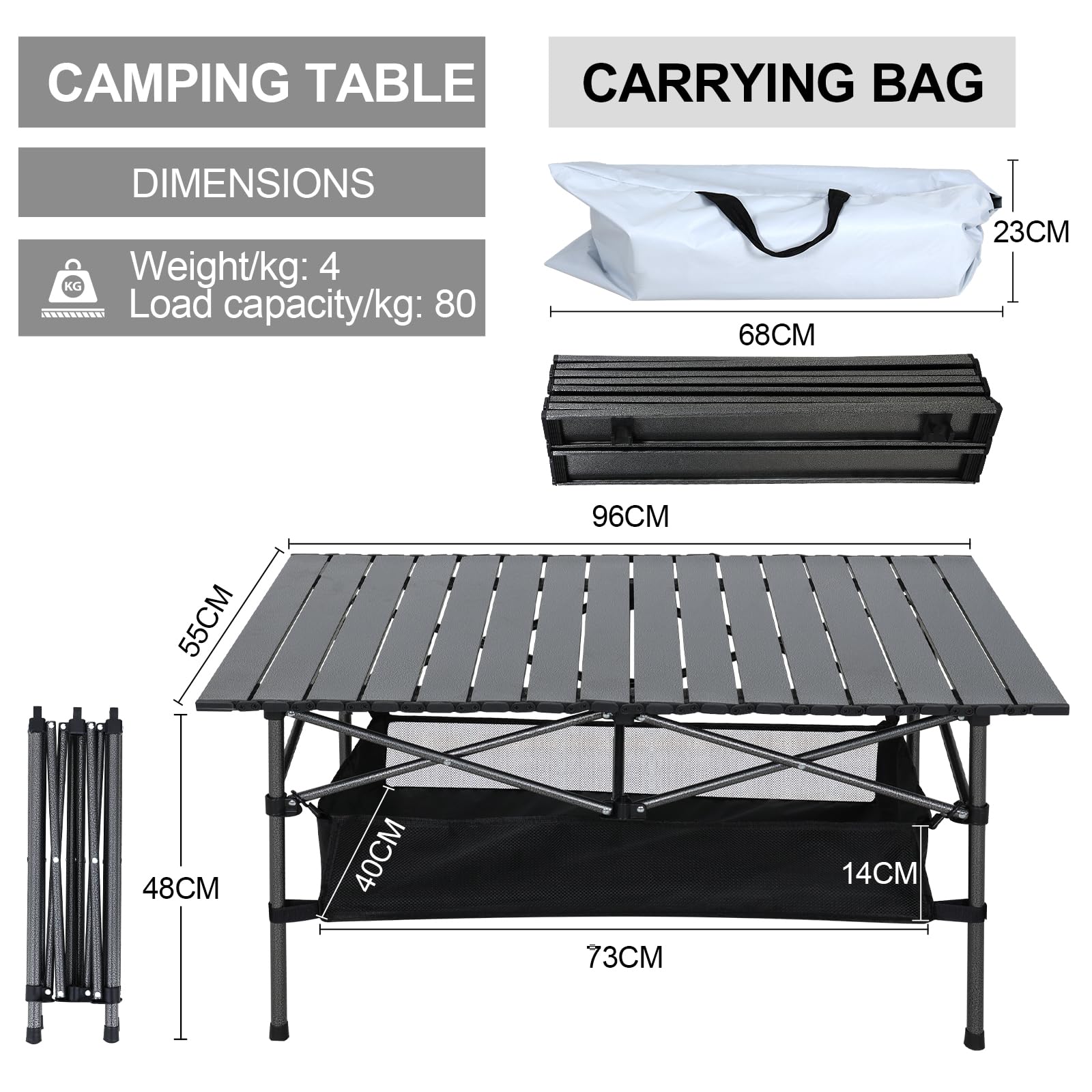 YUSING Portable Camping Table, Inch Folding Aluminum Roll Up Camp Table with Carrying Bags for Outdoor Camping, Hiking, Picnic, Beach, Fishing, Backpacking, BBQ, RV (37.8"x21.7"x18.9")