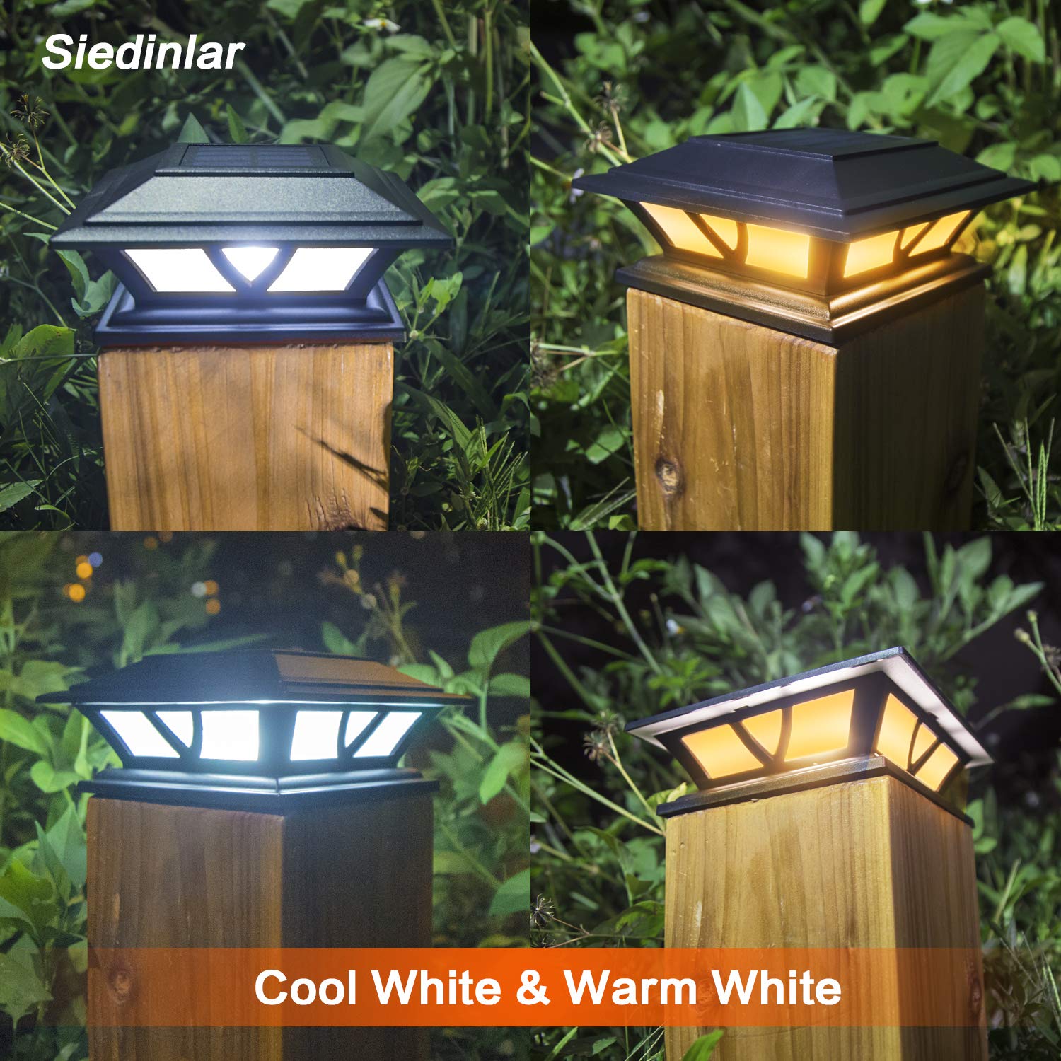 SIEDiNLAR Solar Post Lights Outdoor 2 Modes LED Deck Fence Cap Light for 4x4 5x5 6x6 Posts Patio Garden Decoration Warm White/Cool White Lighting Black (2 Pack)