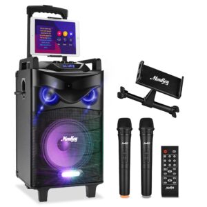 moukey karaoke machine, pa system woofer, portable bluetooth speaker w/ 2 wireless microphones, lyrics display holder, party lights & echo/treble/bass adjustment, support tws/rec/aux/mp3/usb/tf/fm