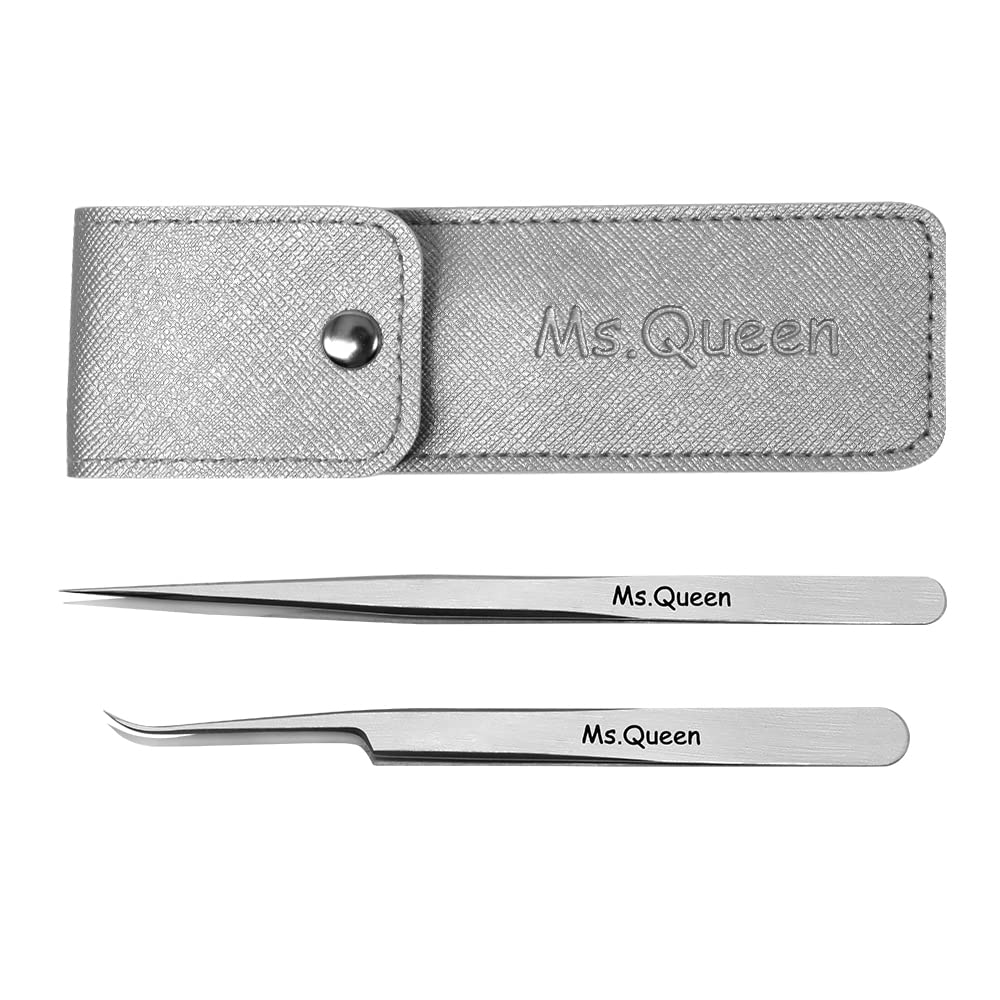 Ms.Queen Lash Extension Tweezers, Precision Curved Pointed Isolation Tweezers for Individual Classic Volume Lash Extensions, Blue