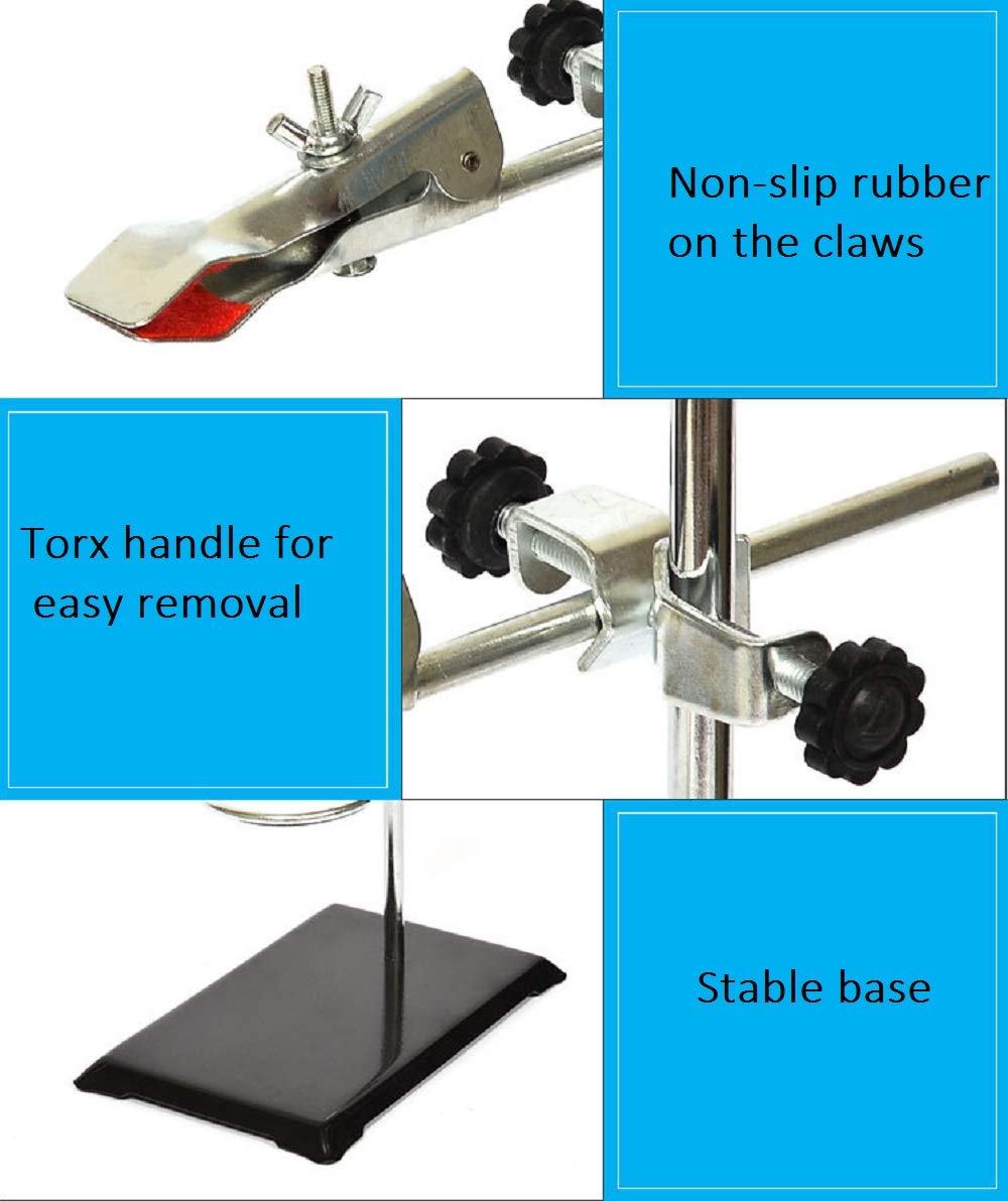 LabZhang Chemistry Laboratory Stand Set, with Support Stand (8.3"x5.5"), 2 Retort Rings (Dia. 2.2"/2.6"), Rod (Length 19.7") and Flask Clamp