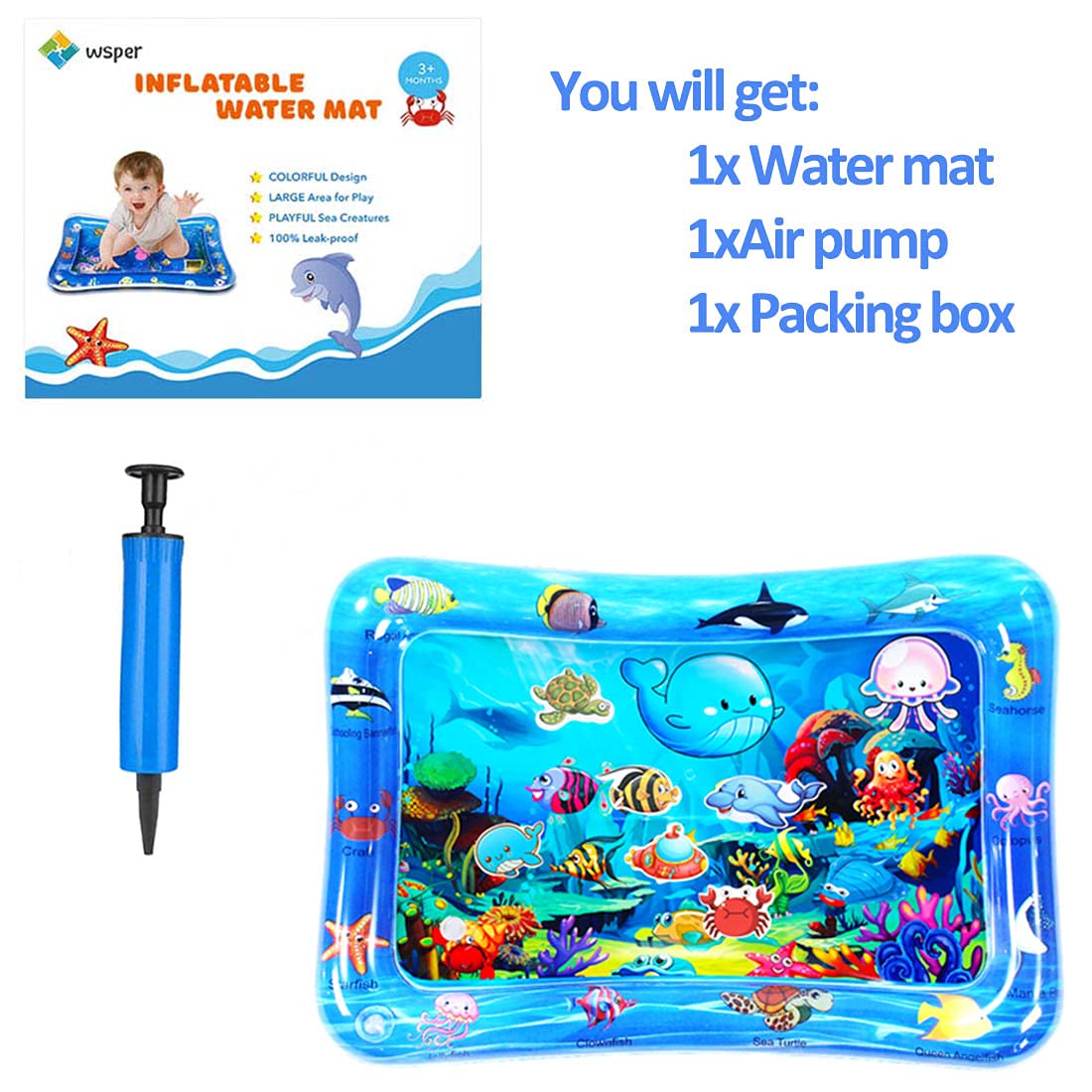 WSPER Tummy Time Water Mat Inflatable Water Play mat for 3 6 9 Months Baby Boy & Girl, Early Activity Center for Newborn Infants