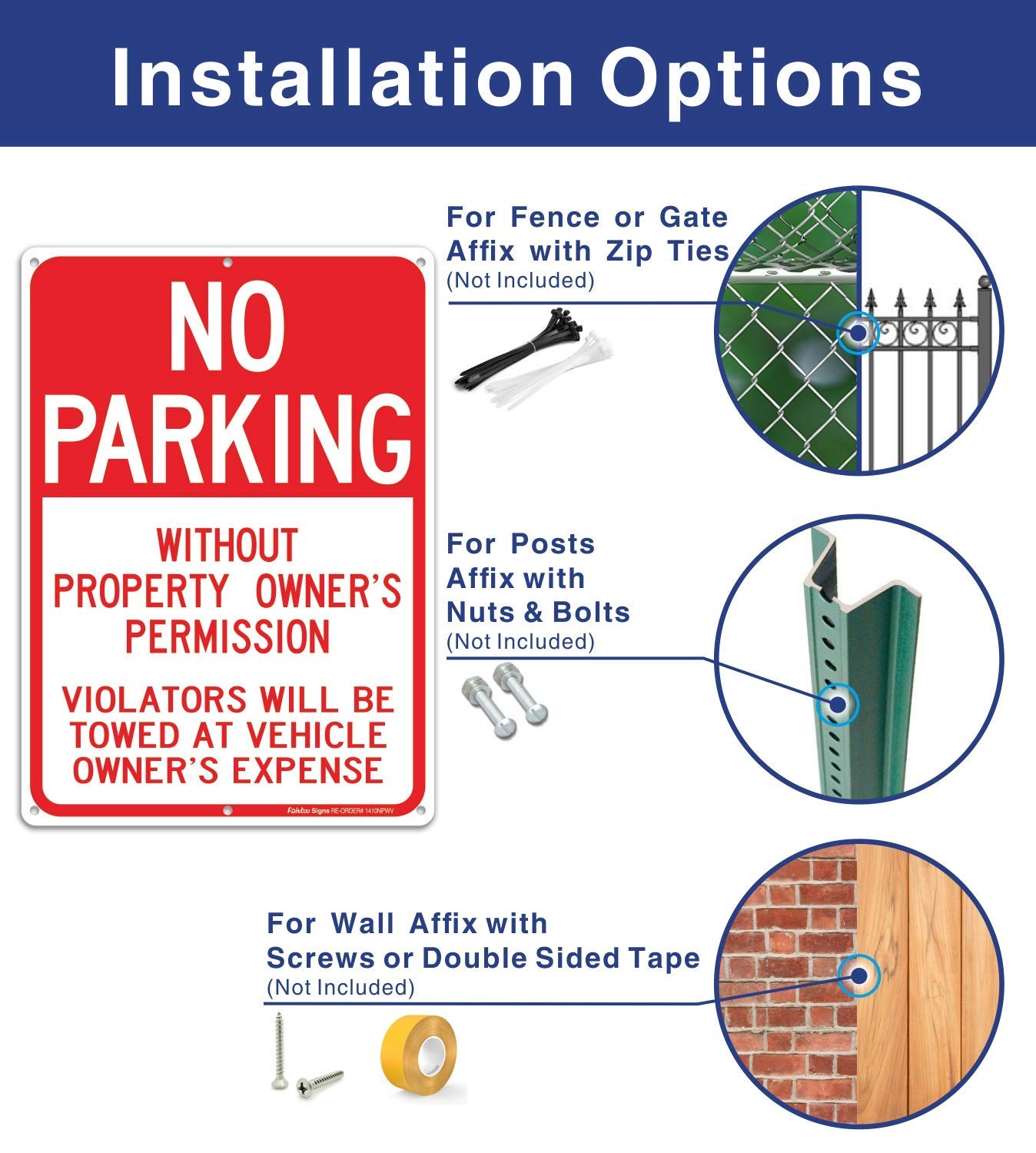 No Parking Without Property Owner's Permission Sign, Violators Will Be Towed at Vehicle Owner's Expense (3 Pack) 14 x 10 Inches .40 Rust Free Aluminum Reflective Sign, UV Protected,Weather Resistant,W