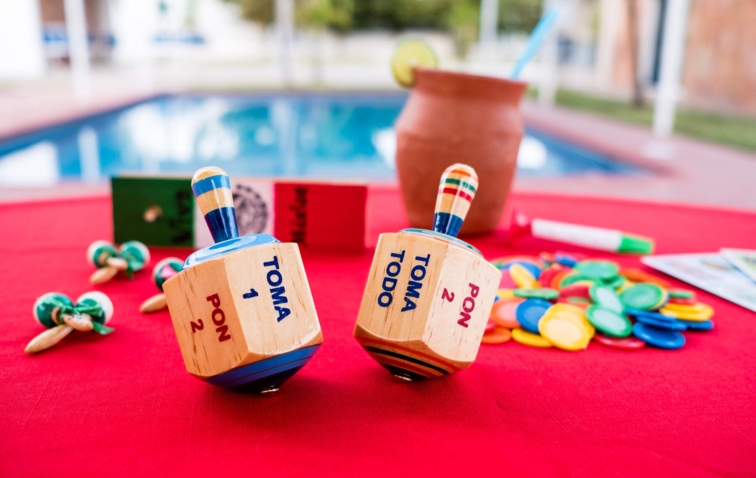 Pirinola Toma Todo Set – Wood Spinning Top Game – Set of 2 - Kids and Adults Party Games for Mexican Fiesta, Bachelor Parties or Baby Shower, 4 Inches Tall