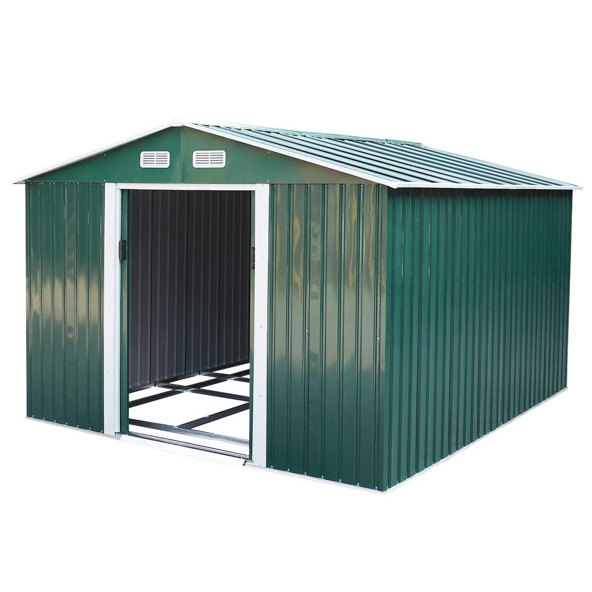 9.1' x 10.5' Large Outdoor Backyard Garden Storage Sturdy Shed Utility Tool Organizer w/Gable Roof, Double Lockable Sliding Door, 4 Vents, Stable Base - Green