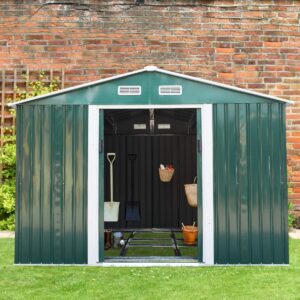 9.1' x 10.5' Large Outdoor Backyard Garden Storage Sturdy Shed Utility Tool Organizer w/Gable Roof, Double Lockable Sliding Door, 4 Vents, Stable Base - Green