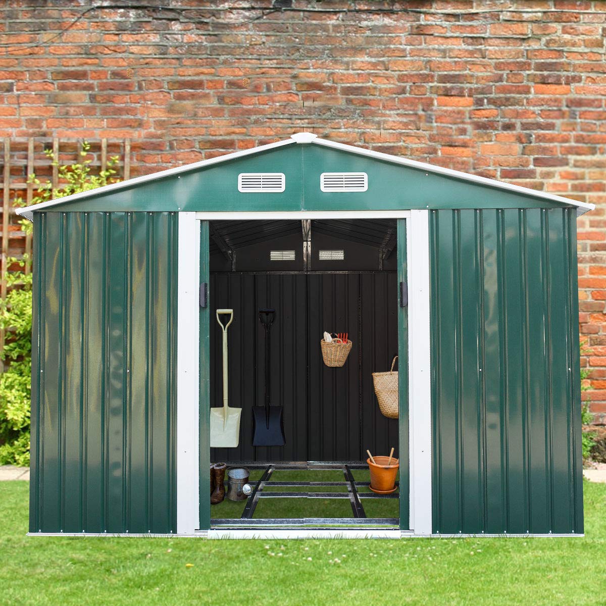 9.1' x 10.5' Large Outdoor Backyard Garden Storage Sturdy Shed Utility Tool Organizer w/Gable Roof, Double Lockable Sliding Door, 4 Vents, Stable Base - Green