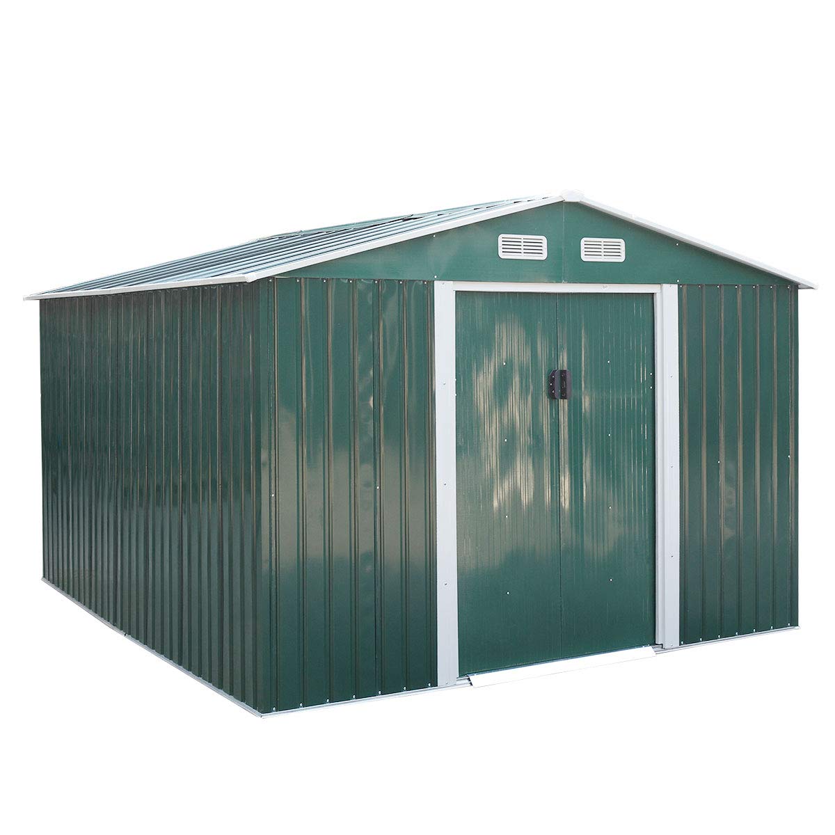 9.1' x 10.5' Large Outdoor Backyard Garden Storage Sturdy Shed Utility Tool Organizer w/Gable Roof, Double Lockable Sliding Door, 4 Vents, Stable Base - Green