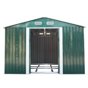 9.1' x 10.5' Large Outdoor Backyard Garden Storage Sturdy Shed Utility Tool Organizer w/Gable Roof, Double Lockable Sliding Door, 4 Vents, Stable Base - Green