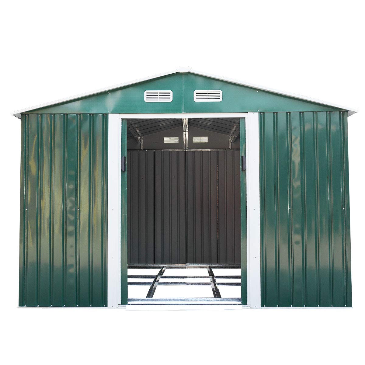 9.1' x 10.5' Large Outdoor Backyard Garden Storage Sturdy Shed Utility Tool Organizer w/Gable Roof, Double Lockable Sliding Door, 4 Vents, Stable Base - Green