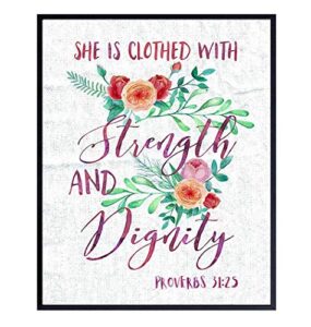 she is clothed with strength and dignity - christian wall decor - proverbs 31 - bible verse wall art - scripture wall decor - inspirational gift for women, girls - religious gifts - god wall decor