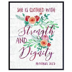 She is Clothed With Strength and Dignity - Christian Wall Decor - Proverbs 31 - Bible Verse Wall Art - Scripture Wall Decor - Inspirational Gift for Women, Girls - Religious Gifts - God Wall Decor