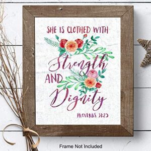 She is Clothed With Strength and Dignity - Christian Wall Decor - Proverbs 31 - Bible Verse Wall Art - Scripture Wall Decor - Inspirational Gift for Women, Girls - Religious Gifts - God Wall Decor