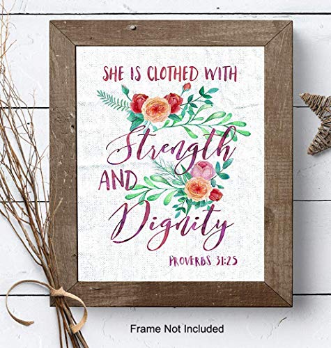 She is Clothed With Strength and Dignity - Christian Wall Decor - Proverbs 31 - Bible Verse Wall Art - Scripture Wall Decor - Inspirational Gift for Women, Girls - Religious Gifts - God Wall Decor