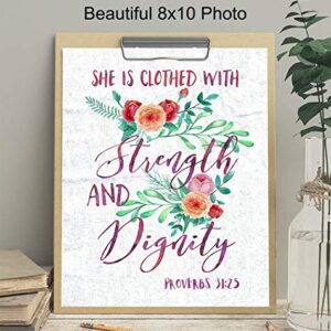 She is Clothed With Strength and Dignity - Christian Wall Decor - Proverbs 31 - Bible Verse Wall Art - Scripture Wall Decor - Inspirational Gift for Women, Girls - Religious Gifts - God Wall Decor