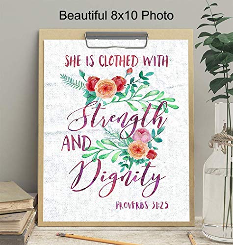 She is Clothed With Strength and Dignity - Christian Wall Decor - Proverbs 31 - Bible Verse Wall Art - Scripture Wall Decor - Inspirational Gift for Women, Girls - Religious Gifts - God Wall Decor