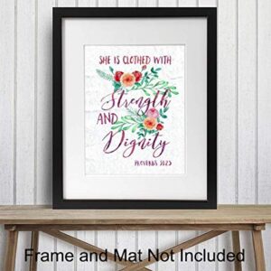 She is Clothed With Strength and Dignity - Christian Wall Decor - Proverbs 31 - Bible Verse Wall Art - Scripture Wall Decor - Inspirational Gift for Women, Girls - Religious Gifts - God Wall Decor