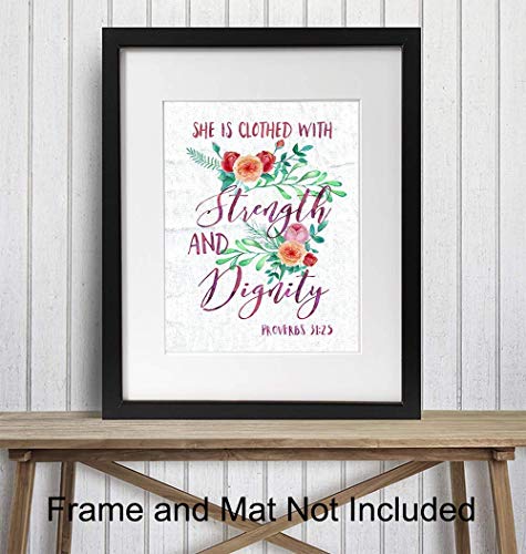 She is Clothed With Strength and Dignity - Christian Wall Decor - Proverbs 31 - Bible Verse Wall Art - Scripture Wall Decor - Inspirational Gift for Women, Girls - Religious Gifts - God Wall Decor