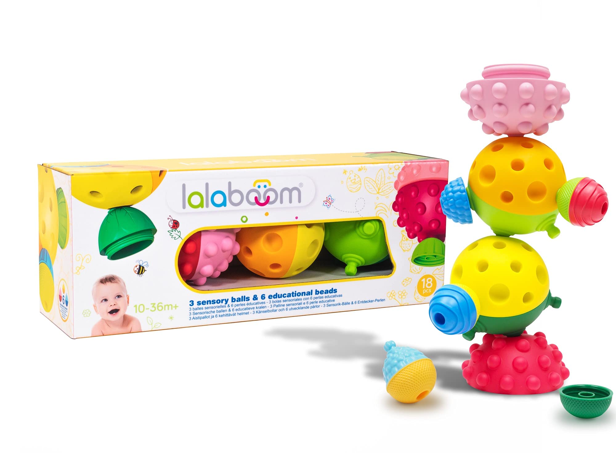 Lalaboom 3 Large Sensory Balls and 12 Piece Baby Pop Beads - Ages 10 Months to 3 Years - BL930