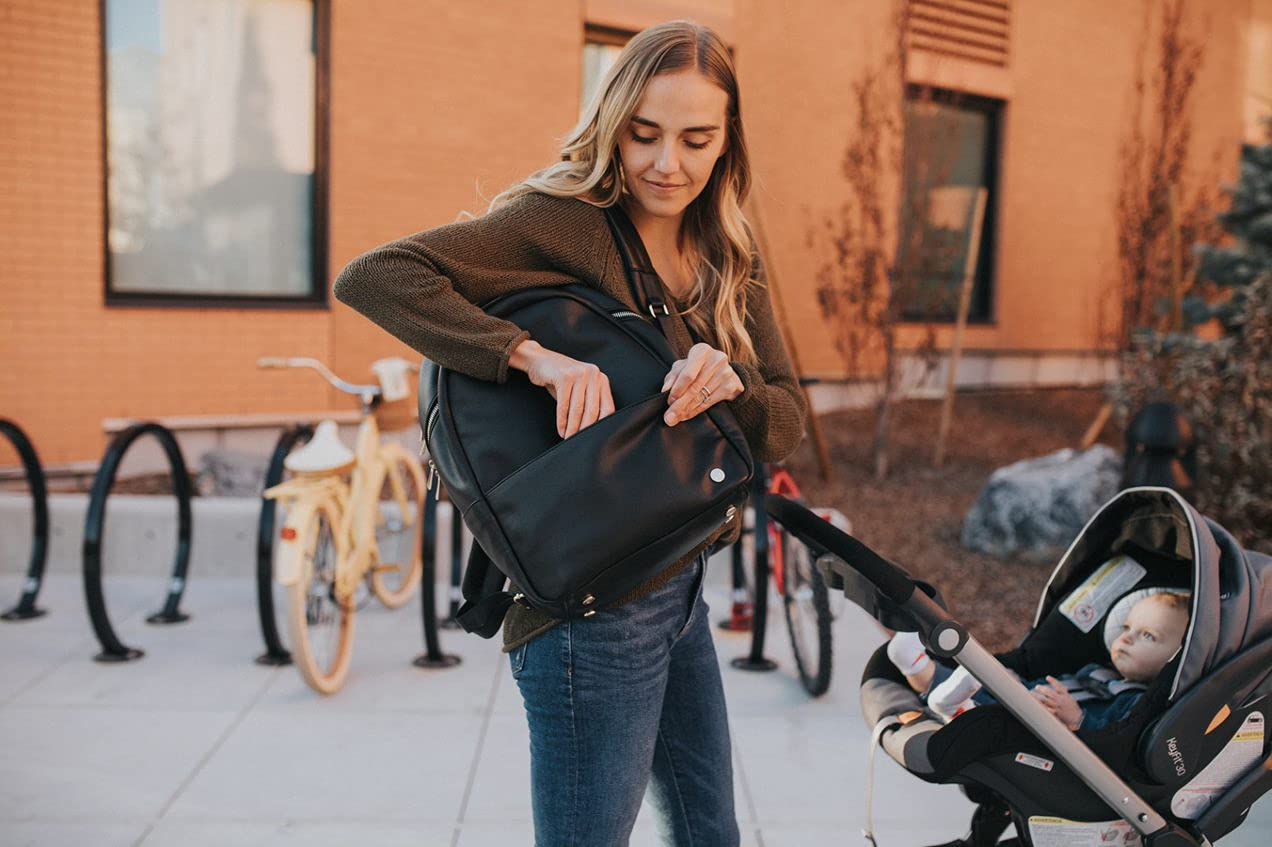 Little Unicorn Skyline Backpack – Diaper, Work, Travel Bag with Changing Pad - Premium Vegan Leather – Lightweight & Durable Design – 5 Interior Pockets – Easily Wipes Clean (Black)