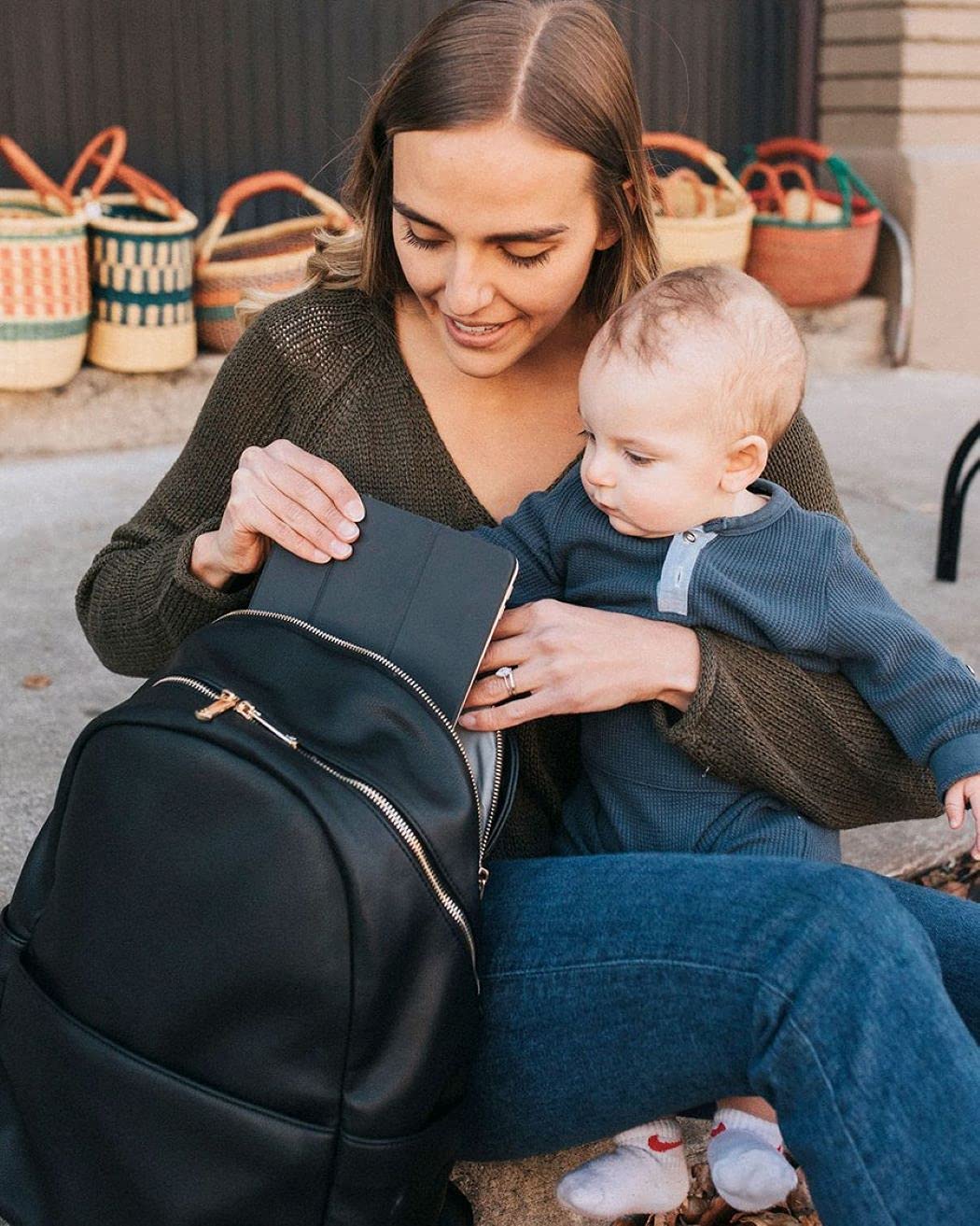 Little Unicorn Skyline Backpack – Diaper, Work, Travel Bag with Changing Pad - Premium Vegan Leather – Lightweight & Durable Design – 5 Interior Pockets – Easily Wipes Clean (Black)