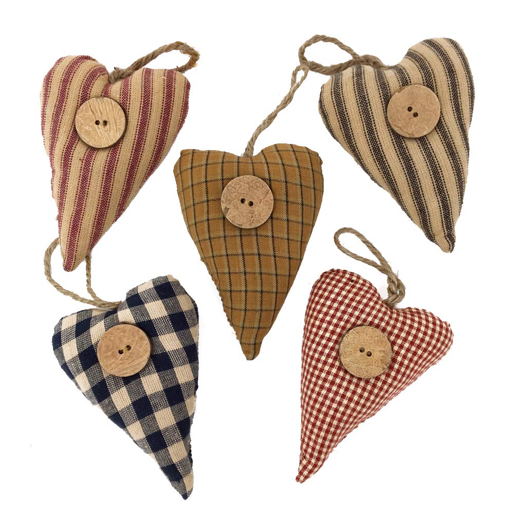 Set of 5 Rustic Plaid Homespun Cotton Fabric Heart Farmhouse Christmas or Wedding Ornaments with Wood Button