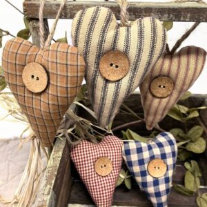 Set of 5 Rustic Plaid Homespun Cotton Fabric Heart Farmhouse Christmas or Wedding Ornaments with Wood Button