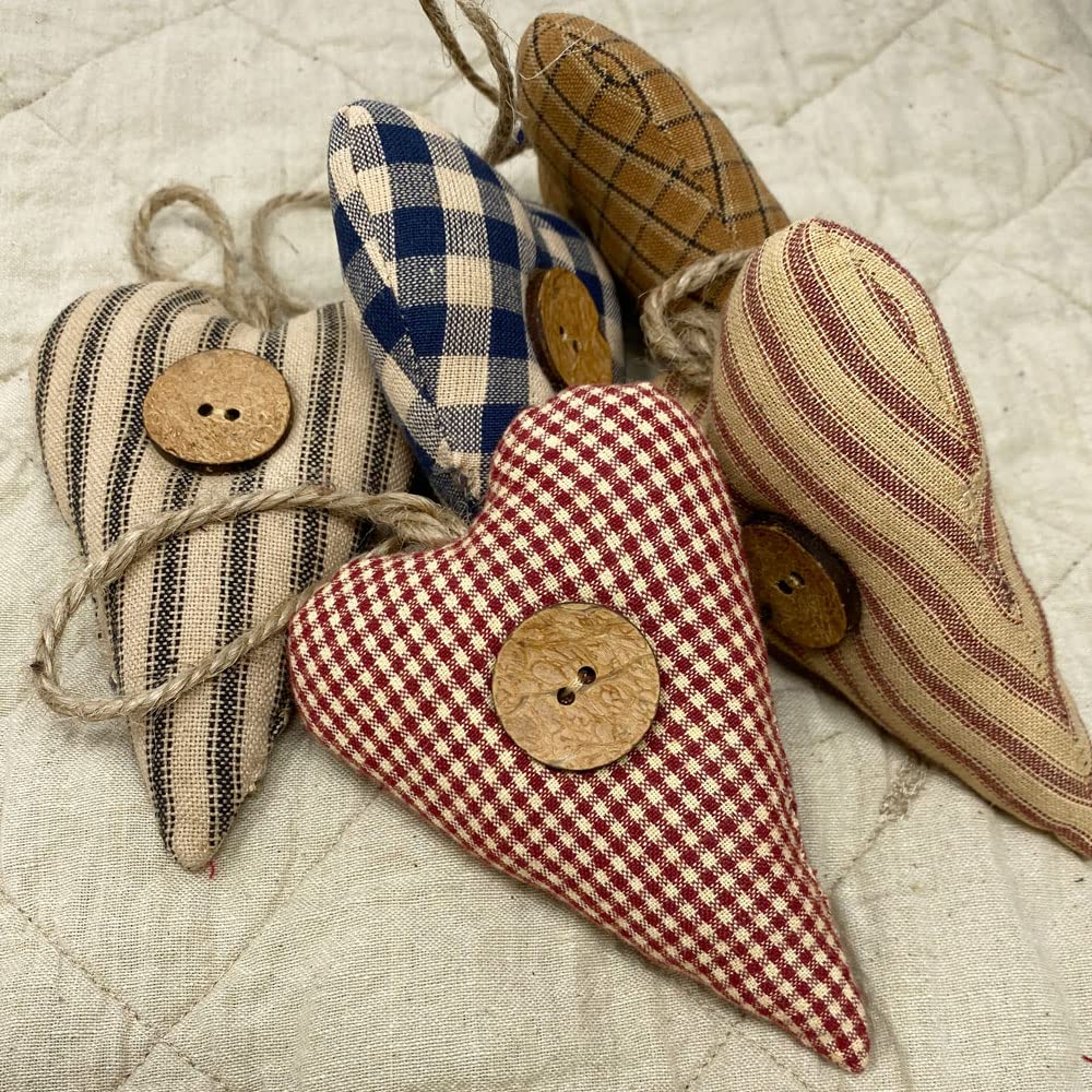 Set of 5 Rustic Plaid Homespun Cotton Fabric Heart Farmhouse Christmas or Wedding Ornaments with Wood Button