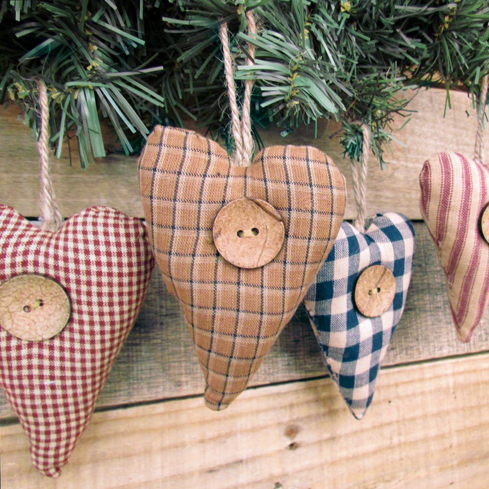 Set of 5 Rustic Plaid Homespun Cotton Fabric Heart Farmhouse Christmas or Wedding Ornaments with Wood Button