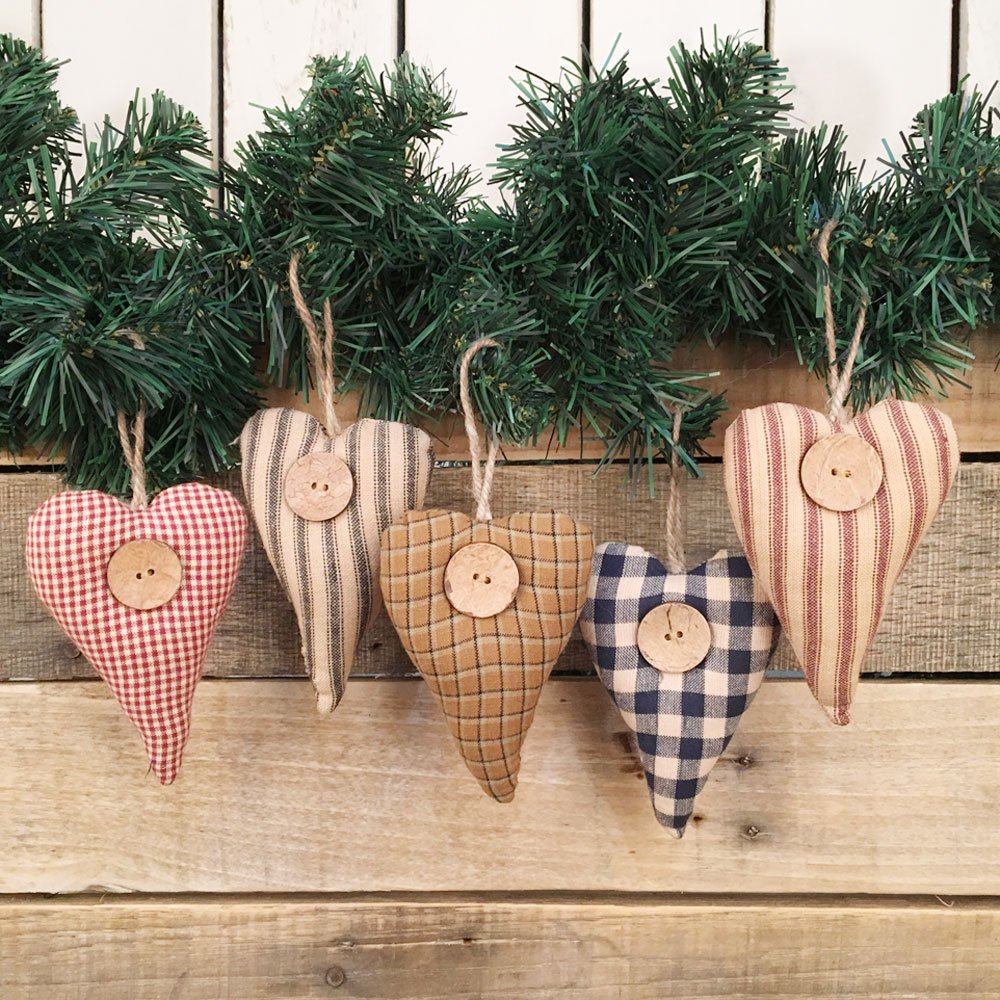 Set of 5 Rustic Plaid Homespun Cotton Fabric Heart Farmhouse Christmas or Wedding Ornaments with Wood Button