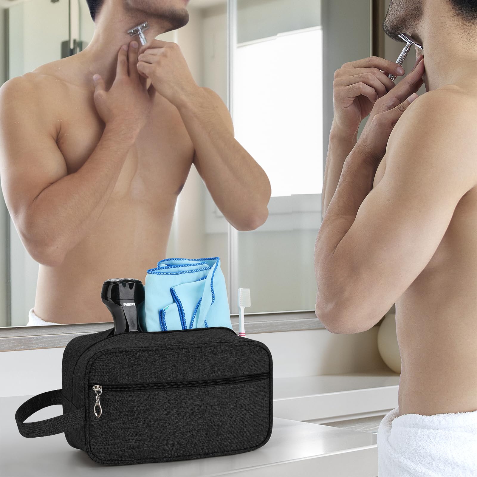 HAOGUAGUA Heavy-duty Toiletry Bag 600D Nylon Travel Dopp Kit Bathroom Shaving Organizer for Men or Women Toiletries Traveling (Black)