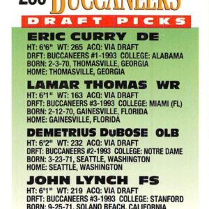 1993 Topps Football #230 Eric Curry/Lamar Thomas/Demetrius DuBose/John Lynch RC Rookie Card Tampa Bay Buccaneers Official NFL Trading Card From The Topps Company