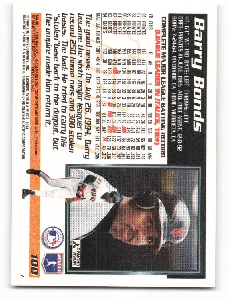 1995 Topps #100 Barry Bonds NM-MT San Francisco Giants Baseball