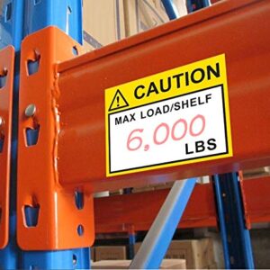 Pallet Rack Capacity Label, 3×4″ (76.2×101.6mm) Caution Max Load/Shelf LBS, Industrial Strength Warehouse Cross Beam Safety Warning Self-Adhesive PVC Sticker, British Unit, BU_A_1, Pack of 100 PCS