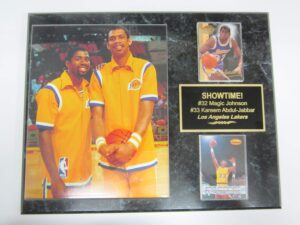 lakers magic johnson kareem abdul-jabbar nba 2 card collector plaque w/8x10 photo