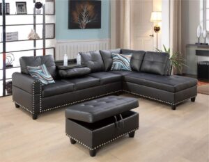 ainehome living room sectional set, leather sectional sofa in home, with storage ottoman and matching pillows (right hand facing,black)