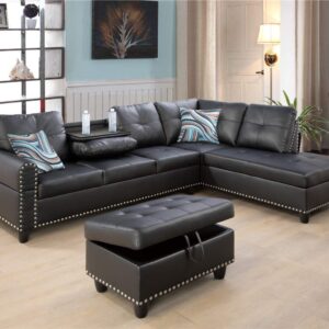 Ainehome Living Room Sectional Set, Leather Sectional Sofa in Home, with Storage Ottoman and Matching Pillows (Right Hand Facing,Black)